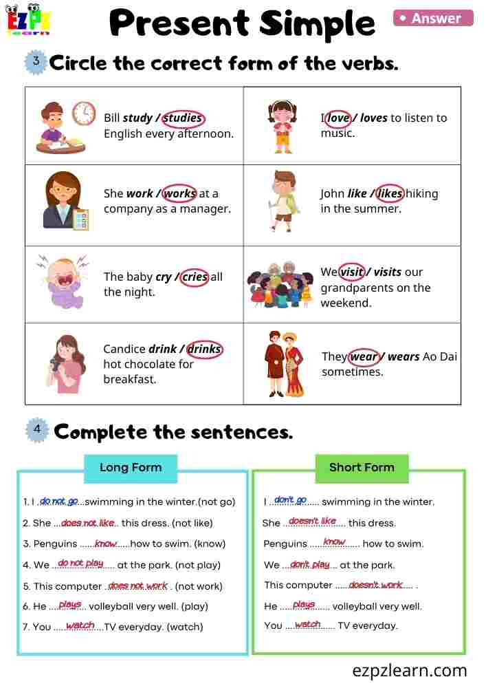 Present Simple Worksheet – Circle the Correct Verb Form and Complete the Sentences Download PDF ...